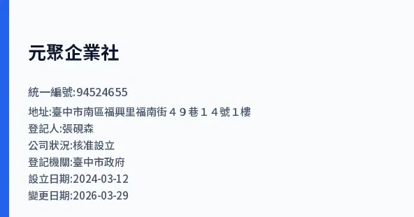 元聚企業社的照片-統編 94524655(臺中市) 公司登記資料與營業項目詳細圖表