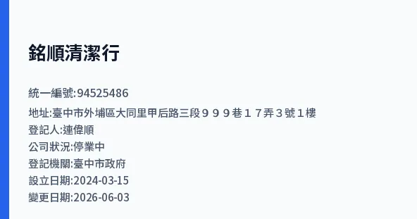 銘順清潔行的照片-統編 94525486(臺中市) 公司登記資料與營業項目詳細圖表