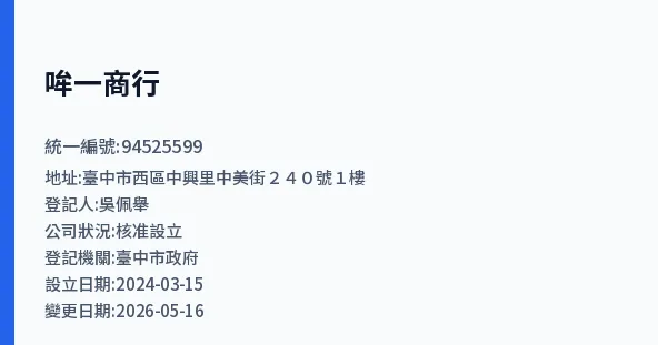哞一商行的照片-統編 94525599(臺中市) 公司登記資料與營業項目詳細圖表