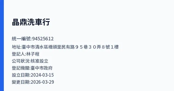 晶鼎洗車行的照片-統編 94525612(臺中市) 公司登記資料與營業項目詳細圖表