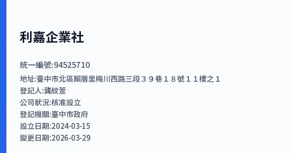 利嘉企業社的照片-統編 94525710(臺中市) 公司登記資料與營業項目詳細圖表