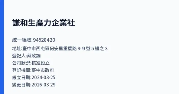 謙和生產力企業社的照片-統編 94528420(臺中市) 公司登記資料與營業項目詳細圖表