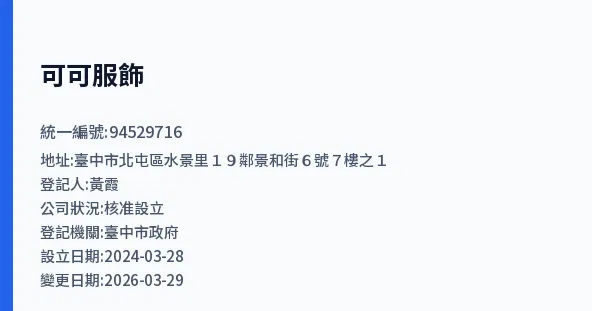 可可服飾的照片-統編 94529716(臺中市) 公司登記資料與營業項目詳細圖表