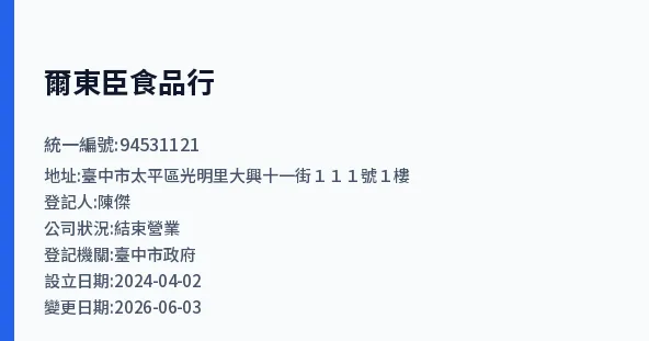 爾東臣食品行的照片-統編 94531121(臺中市) 公司登記資料與營業項目詳細圖表