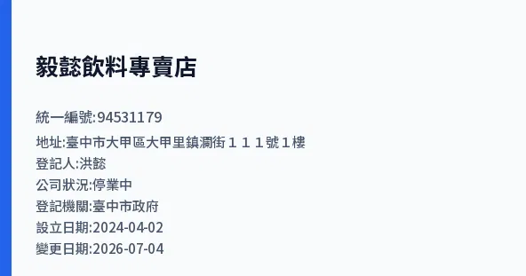 毅懿飲料專賣店的照片-統編 94531179(臺中市) 公司登記資料與營業項目詳細圖表