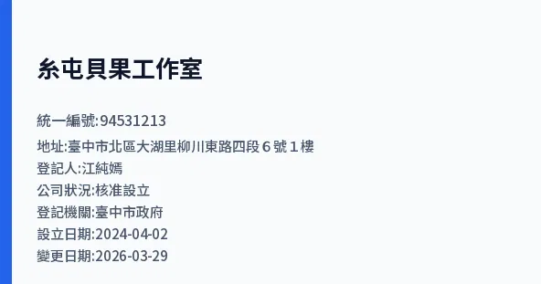 糸屯貝果工作室的照片-統編 94531213(臺中市) 公司登記資料與營業項目詳細圖表