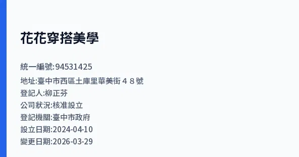 花花穿搭美學的照片-統編 94531425(臺中市) 公司登記資料與營業項目詳細圖表