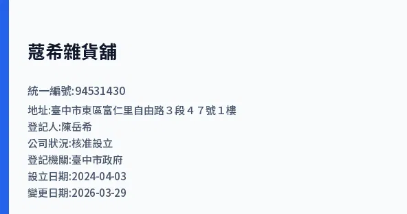 蔻希雜貨舖的照片-統編 94531430(臺中市) 公司登記資料與營業項目詳細圖表