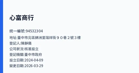 心富商行的照片-統編 94532304(臺中市) 公司登記資料與營業項目詳細圖表