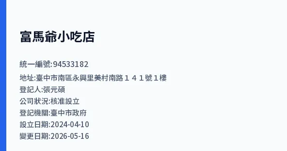 富馬爺小吃店的照片-統編 94533182(臺中市) 公司登記資料與營業項目詳細圖表