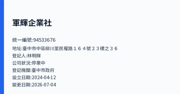 軍輝企業社的照片-統編 94533676(臺中市) 公司登記資料與營業項目詳細圖表