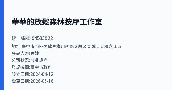 華華的放鬆森林按摩工作室的照片-統編 94533922(臺中市) 公司登記資料與營業項目詳細圖表
