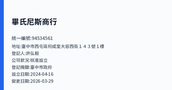 畢氏尼斯商行的照片-統編 94534561(臺中市) 公司登記資料與營業項目詳細圖表
