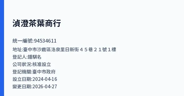 湞澄茶葉商行的照片-統編 94534611(臺中市) 公司登記資料與營業項目詳細圖表