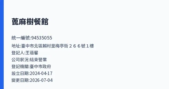 蓖麻樹餐館的照片-統編 94535055(臺中市) 公司登記資料與營業項目詳細圖表