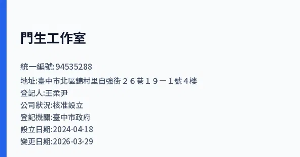 門生工作室的照片-統編 94535288(臺中市) 公司登記資料與營業項目詳細圖表