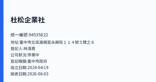 杜松企業社的照片-統編 94535822(臺中市) 公司登記資料與營業項目詳細圖表