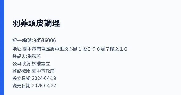 羽菲頭皮調理的照片-統編 94536006(臺中市) 公司登記資料與營業項目詳細圖表