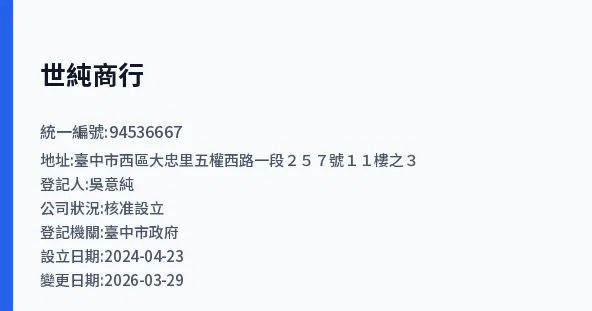 世純商行的照片-統編 94536667(臺中市) 公司登記資料與營業項目詳細圖表