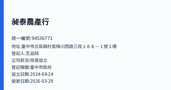昶泰農產行的照片-統編 94536771(臺中市) 公司登記資料與營業項目詳細圖表