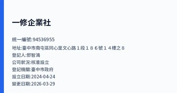 一修企業社的照片-統編 94536955(臺中市) 公司登記資料與營業項目詳細圖表
