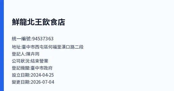 鮮龍北王飲食店的照片-統編 94537363(臺中市) 公司登記資料與營業項目詳細圖表