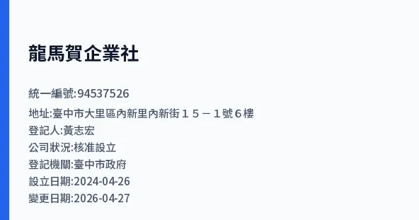 龍馬賀企業社的照片-統編 94537526(臺中市) 公司登記資料與營業項目詳細圖表