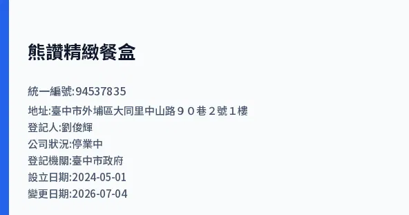 熊讚精緻餐盒的照片-統編 94537835(臺中市) 公司登記資料與營業項目詳細圖表