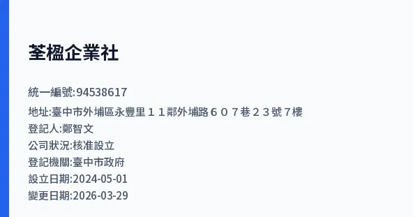 荃楹企業社的照片-統編 94538617(臺中市) 公司登記資料與營業項目詳細圖表