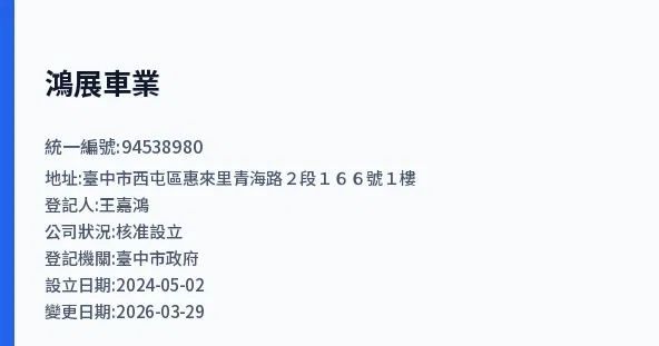 鴻展車業的照片-統編 94538980(臺中市) 公司登記資料與營業項目詳細圖表