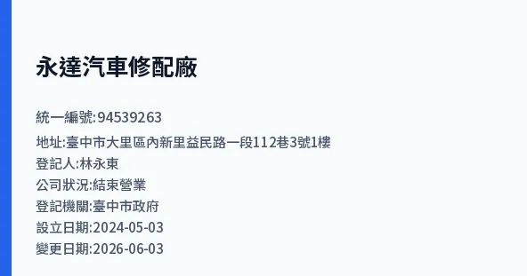永達汽車修配廠的照片-統編 94539263(臺中市) 公司登記資料與營業項目詳細圖表