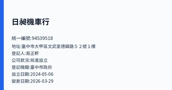 日昶機車行的照片-統編 94539518(臺中市) 公司登記資料與營業項目詳細圖表