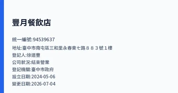 豐月餐飲店的照片-統編 94539637(臺中市) 公司登記資料與營業項目詳細圖表