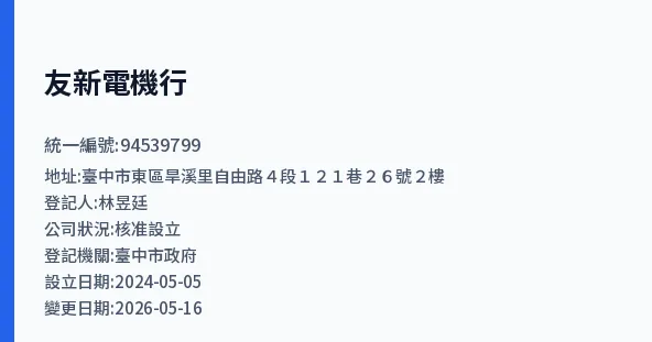 友新電機行的照片-統編 94539799(臺中市) 公司登記資料與營業項目詳細圖表