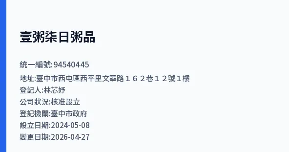 壹粥柒日粥品的照片-統編 94540445(臺中市) 公司登記資料與營業項目詳細圖表