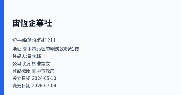 宙恆企業社的照片-統編 94541211(臺中市) 公司登記資料與營業項目詳細圖表