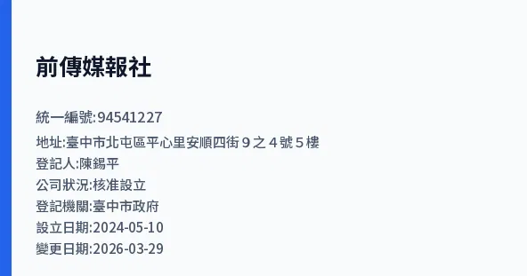 前傳媒報社的照片-統編 94541227(臺中市) 公司登記資料與營業項目詳細圖表