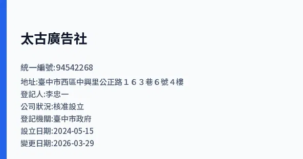 太古廣告社的照片-統編 94542268(臺中市) 公司登記資料與營業項目詳細圖表