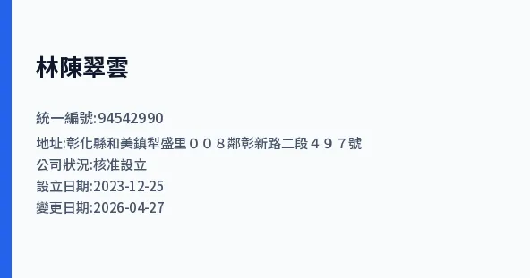 林陳翠雲的照片-統編 94542990(彰化縣) 公司登記資料與營業項目詳細圖表