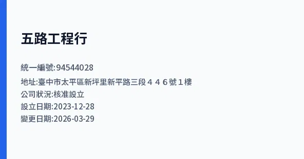 五路工程行的照片-統編 94544028(臺中市) 公司登記資料與營業項目詳細圖表
