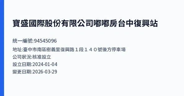 寶盛國際股份有限公司嘟嘟房台中復興站的照片-統編 94545096(臺中市) 公司登記資料與營業項目詳細圖表