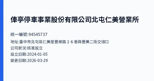 俥亭停車事業股份有限公司北屯仁美營業所的照片-統編 94545737(臺中市) 公司登記資料與營業項目詳細圖表