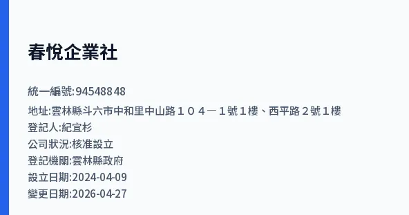 春悅企業社的照片-統編 94548848(雲林縣) 公司登記資料與營業項目詳細圖表