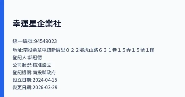 幸運星企業社的照片-統編 94549023(南投縣) 公司登記資料與營業項目詳細圖表
