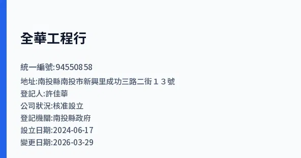 全華工程行的照片-統編 94550858(南投縣) 公司登記資料與營業項目詳細圖表