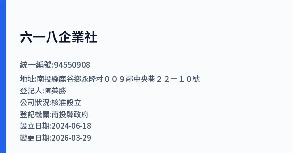 六一八企業社的照片-統編 94550908(南投縣) 公司登記資料與營業項目詳細圖表