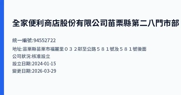 全家便利商店股份有限公司苗栗縣第二八門市部的照片-統編 94552722(苗栗縣) 公司登記資料與營業項目詳細圖表