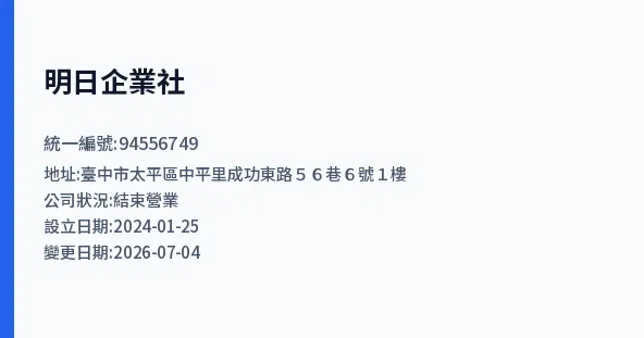 明日企業社的照片-統編 94556749(臺中市) 公司登記資料與營業項目詳細圖表