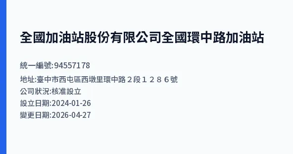 全國加油站股份有限公司全國環中路加油站的照片-統編 94557178(臺中市) 公司登記資料與營業項目詳細圖表
