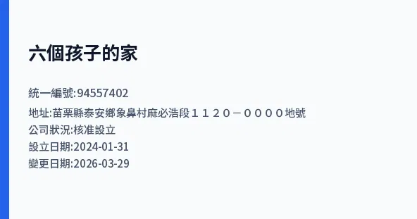六個孩子的家的照片-統編 94557402(苗栗縣) 公司登記資料與營業項目詳細圖表